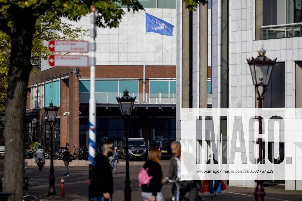 The international peace flag on the city hall of Amsterdam, The ...