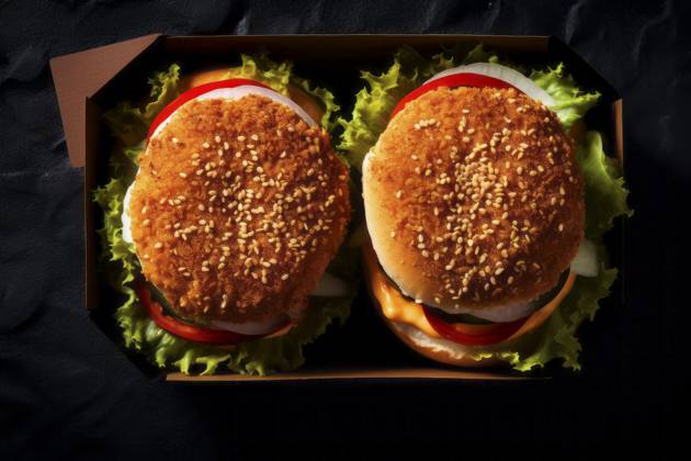 Freshly prepared burgers packed in boxes, perfectly sealed for delivery ...