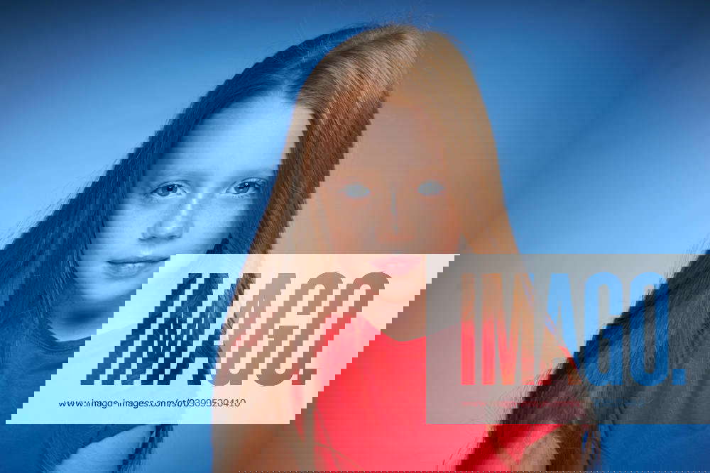 Cute Red Haired Girl In Red T Shirt Emotions Blue Background High