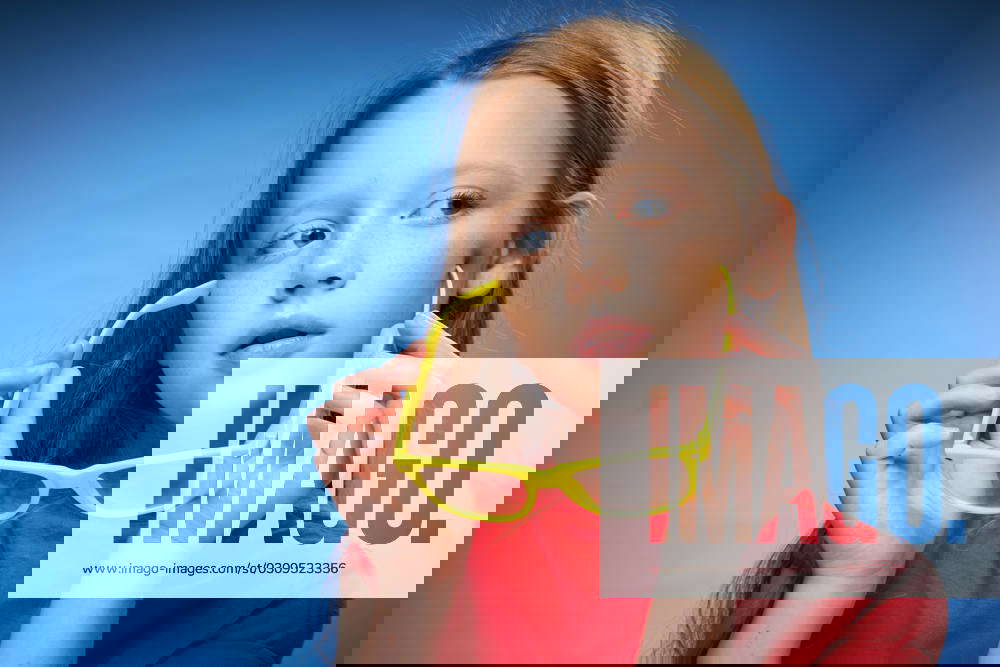 Cute Red Haired Girl In Red T Shirt Emotions Blue Background High