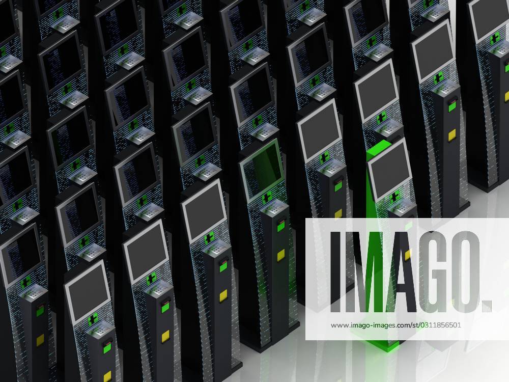 Rows of terminals to pay for services and one green terminal ahead