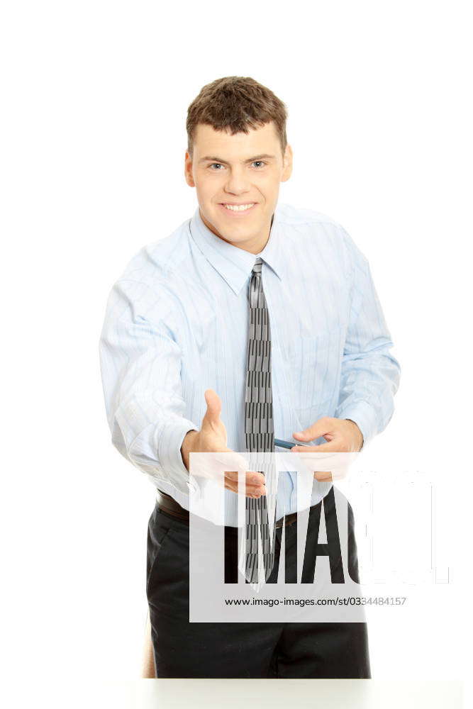 Hand shake Confident business man ready to hand shake isolated on white ...