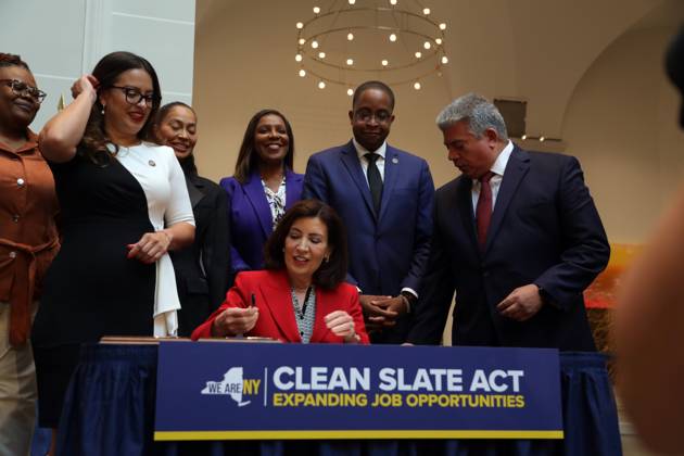 NEW YORK, NY- NOVEMBER 16: New York Governor Kathy Hochul signs the ...