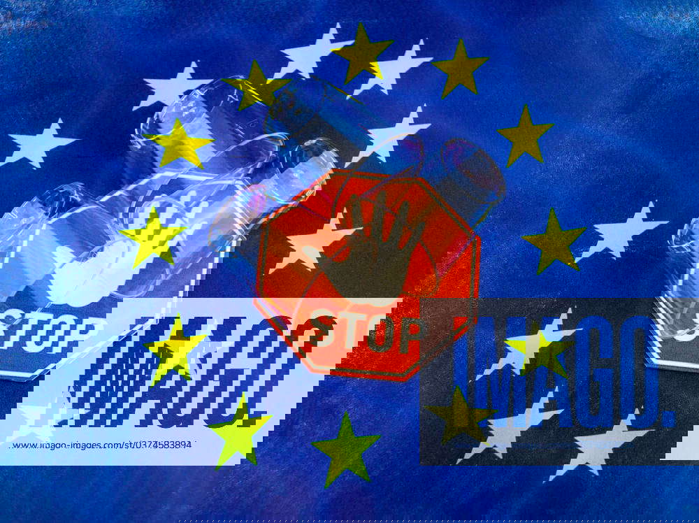 Plastic cup at European flag with Stop sign, Prohibition from Plastic ...