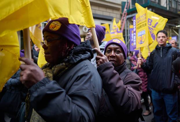 New York, New York, USA: Members of the 32BJ union rally to authorize a ...