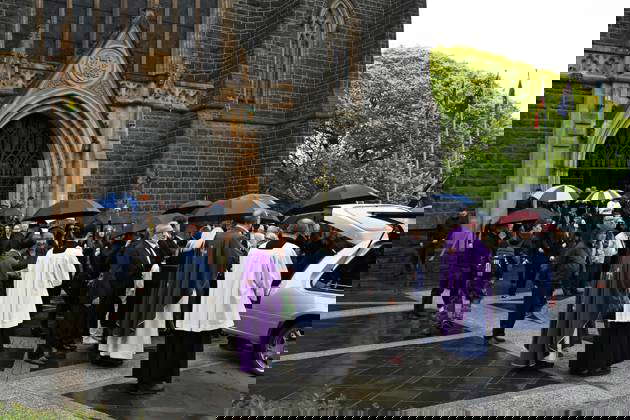 FRANCO COZZO FUNERAL, Mourners gather at the conclusion of the funeral ...