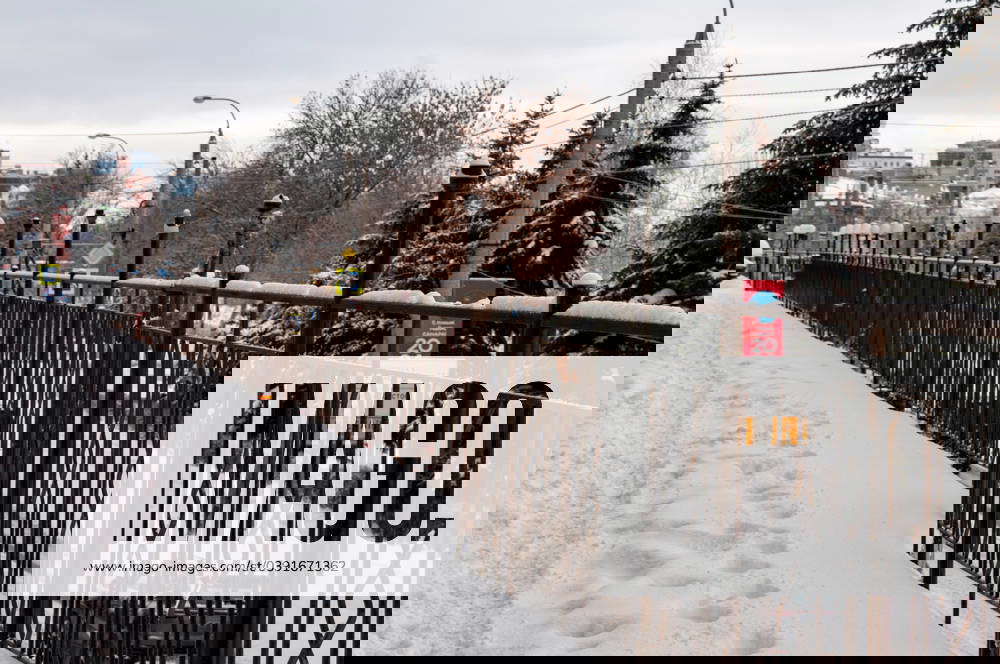 Consequences of snowfall Pedestrian fences covered with snow after a ...