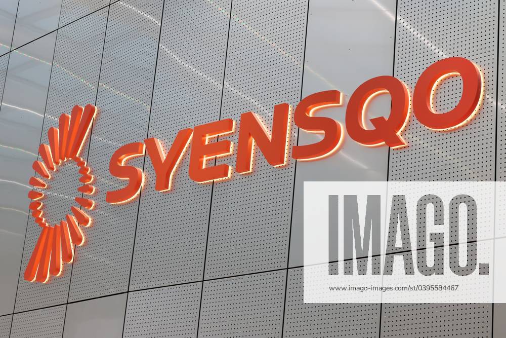 The logo of Syensqo is seen against a wall at the opening of the ...