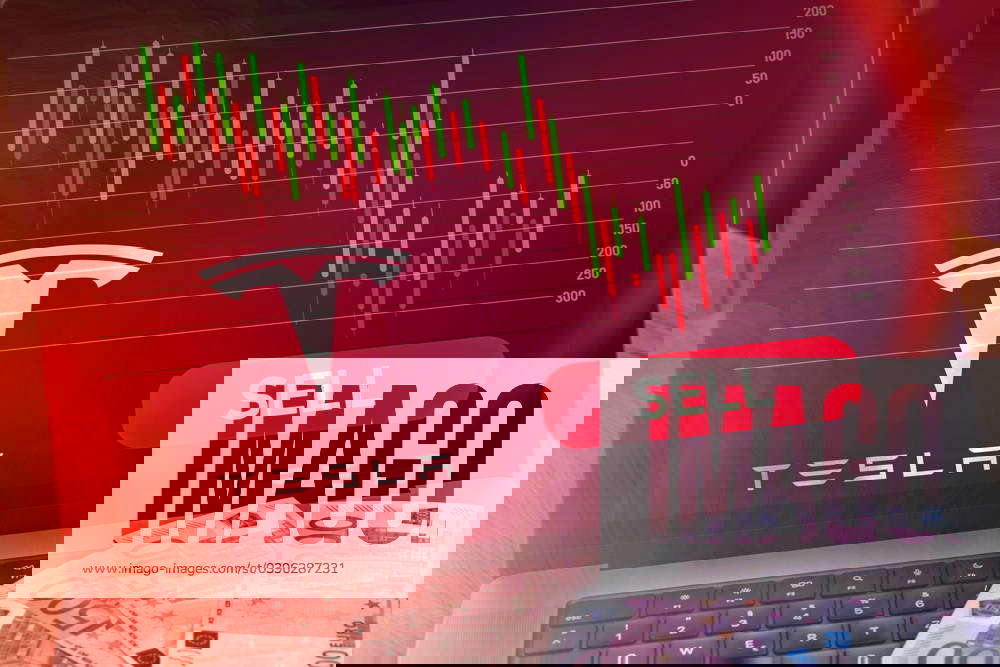 January 25, 2024: Laptop computer with stock chart on red sell signal next to car manufacturer