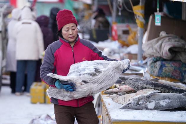 (240131) -- FUYUAN, Jan. 31, 2024 -- A vendor carries frozen fish at ...