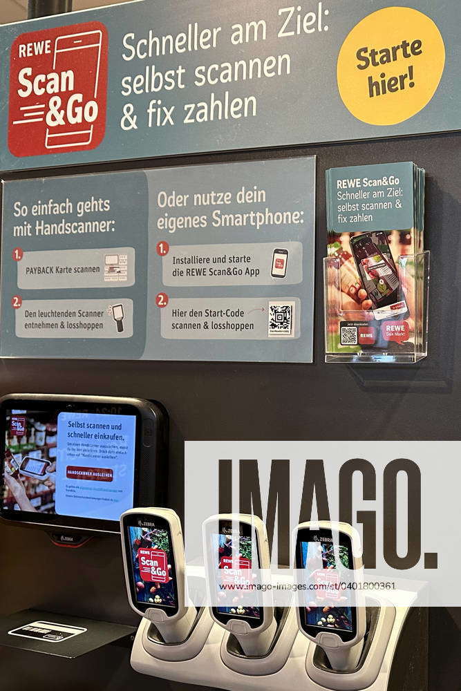 Berlin, GER Hand scanner station Scan and Go at the entrance of a food ...