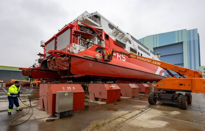 HighSpeed ferry in the shipyard The SKANE JET is moored on the ship ...