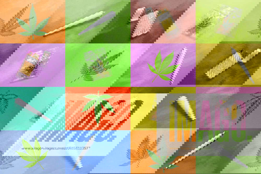 PHOTOMONTAGE, collage of hemp leaf, joint, lighter and cannabis bag with