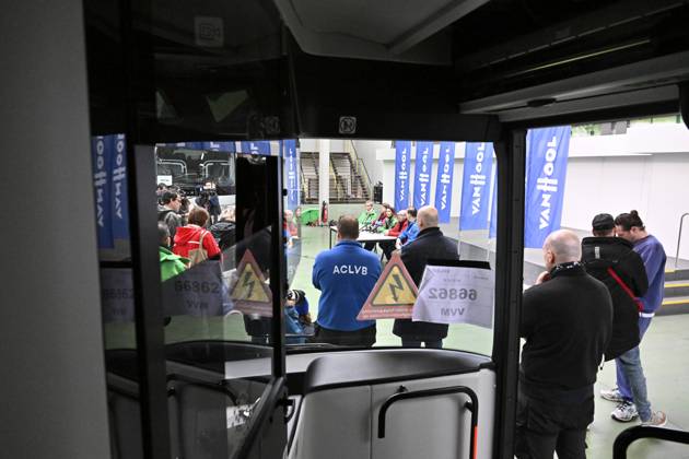 ACV s Kim Samison and her trade union colleagues hold a press ...