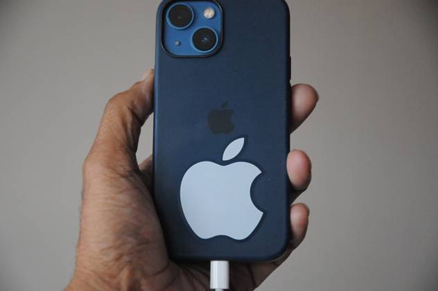 Copenhgen Denmark 29 March 2024 Apple iphone 13mini model in danish