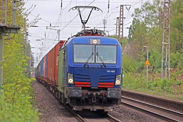 Freight trains crossing the Ruhr area near Oberhausen Holten on the ...