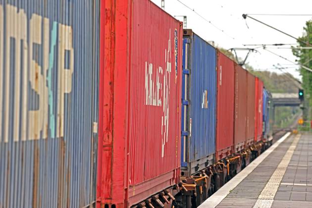 Freight trains crossing the Ruhr area near Oberhausen Holten on the ...