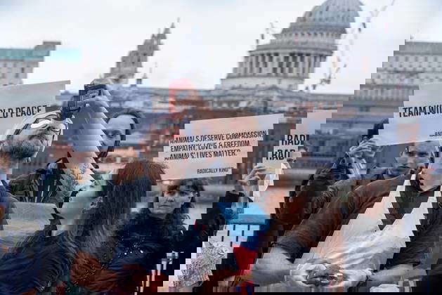 Radically Kind protest in London, UK - 27 Apr 2024 A female protester ...