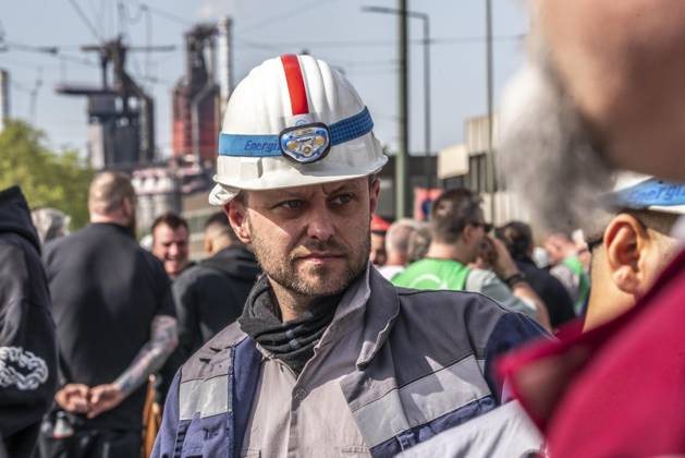 Steelworkers at a demonstration in front of the headquarters of ...