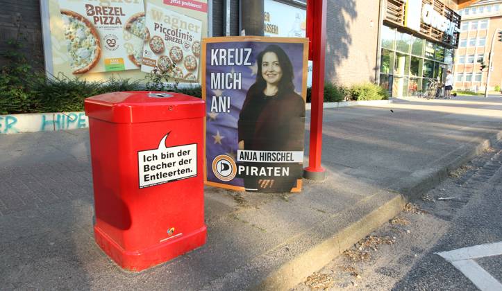An election poster of the Pirate Party Germany with the likeness of ...