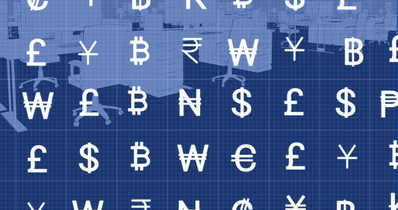 Image of multiple currency symbols over grid network against empty ...