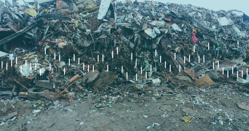 Image of data processing over rubbish dump. Global business and digital interface concept digitally
