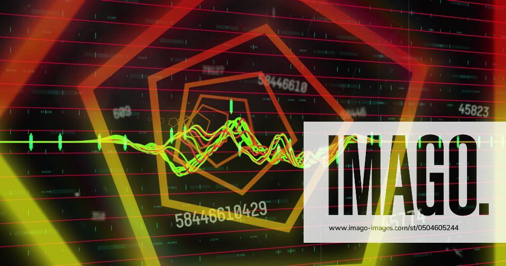 Image of hexagonal neon tunnel in seamless pattern against changing numbers and data processing