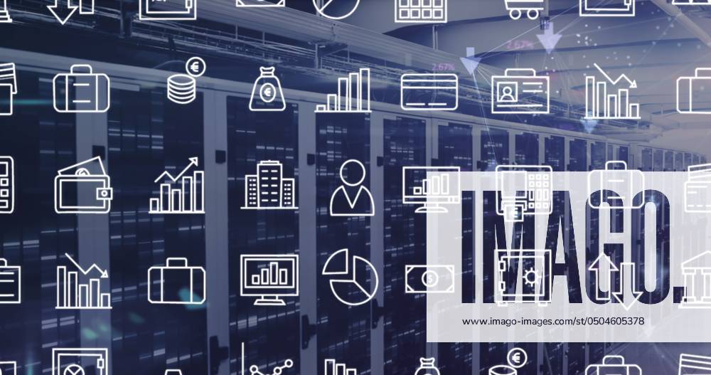 Image of interface with digital icons and mosaic squares against computer server room. Computer