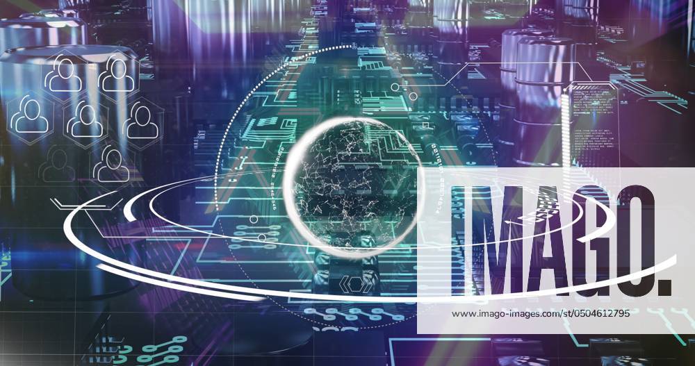 Image of digital interface multiple icons with glowing spinning globe ...