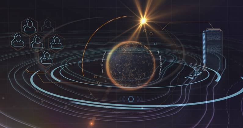 Image of digital interface multiple icons with glowing spinning globe ...