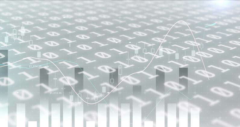 Image of binary coding over financial data processing. global business, finances, digital interface