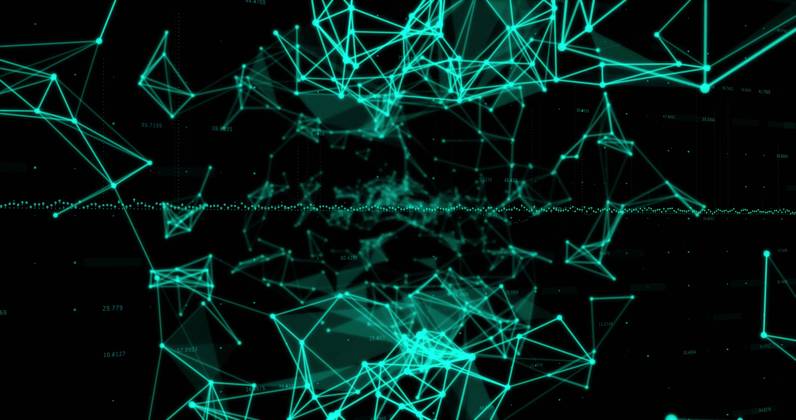 Image of data processing over glowing green plexus networks against black background. Global