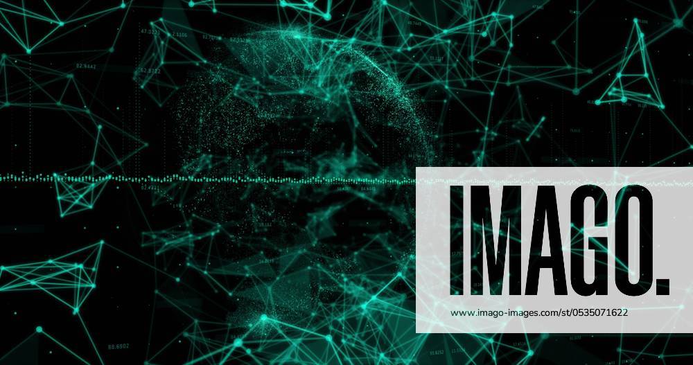 Image of data processing over glowing green plexus networks against black background. Global