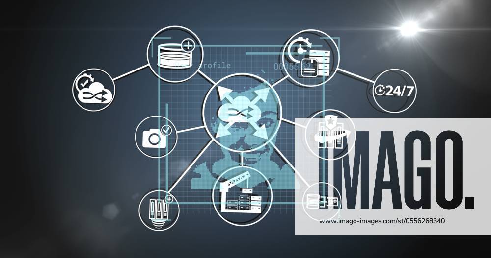 Digital interface showing interconnected icons representing various ...