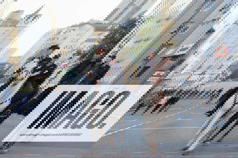 RUSSIA, MOSCOW - JUNE 16, 2024: Mounted police officers patrol a street ...