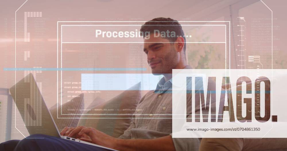 Image of loading text in bar, computer language, biracial man using laptop at home. Digital
