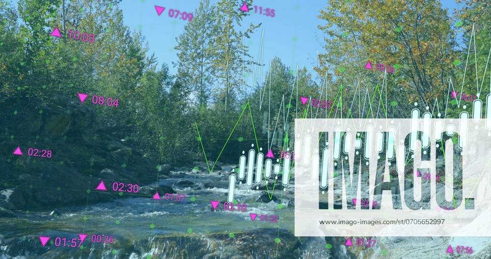 Image of data processing against landscape with trees and river ...