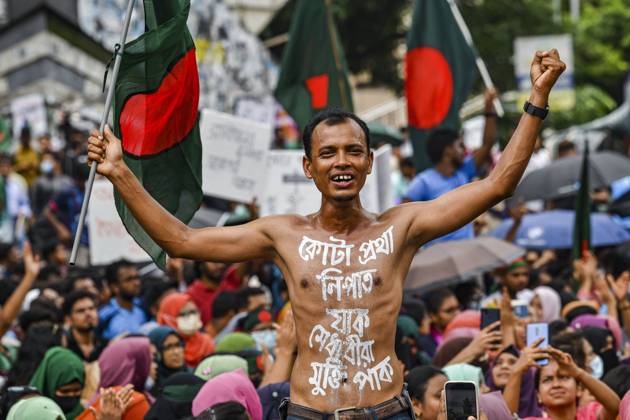 July 4, 2024, Dhaka, Dhaka, Bangladesh: A protestor painted his body ...