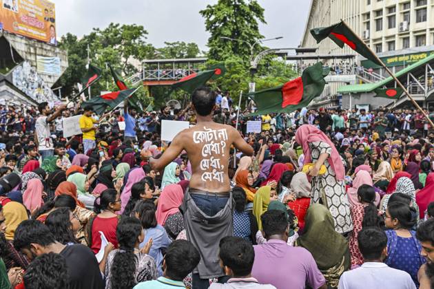 July 4, 2024, Dhaka, Dhaka, Bangladesh: A protestor painted his body ...