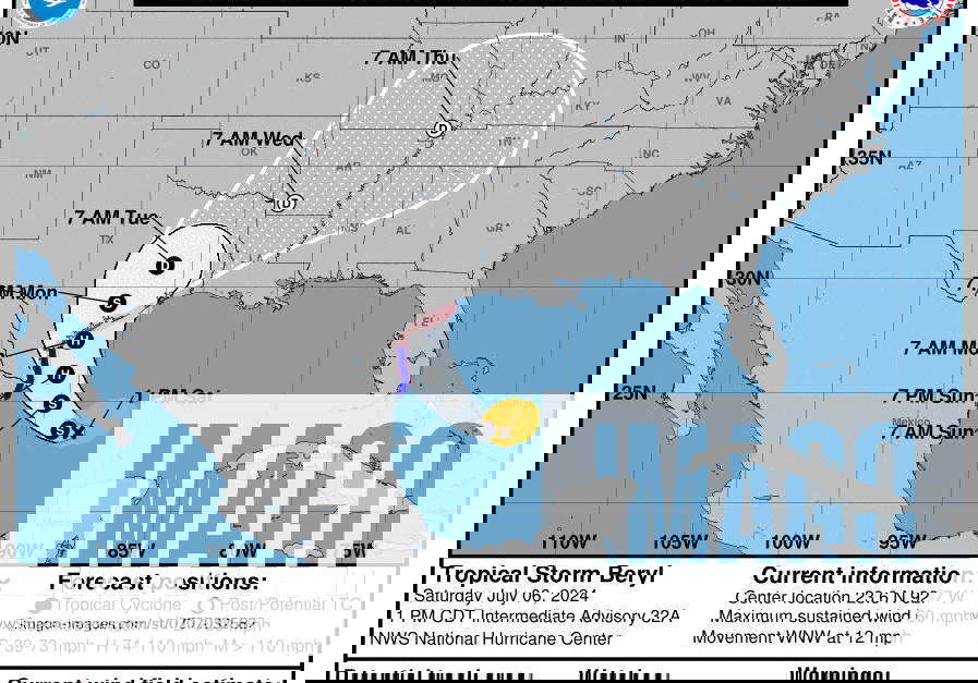 July 6, 2024: Gulf of Mexico: Possible trajectory path. Beryl expected ...