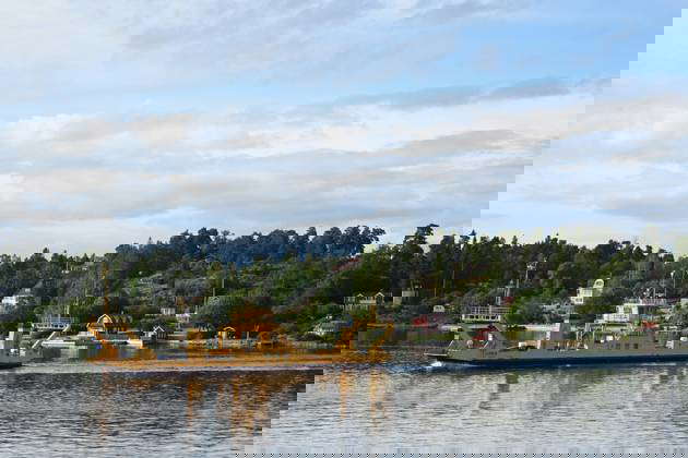 The archipelago off Stockholm View of a car ferry shuttling between the ...