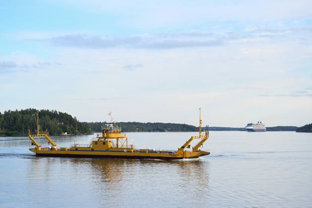 The archipelago off Stockholm View of a car ferry shuttling between the ...