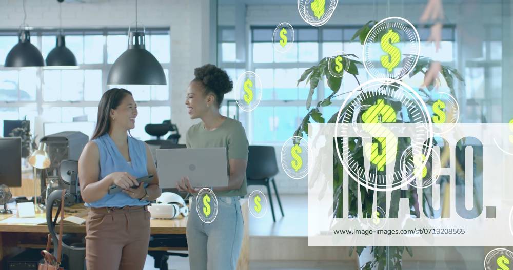 Image of dollar signs and data processing over diverse businesswomen in ...