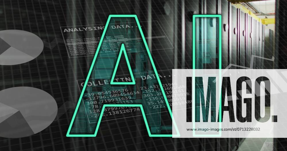 Image of ai text and data processing over computer servers. Global artificial intelligence