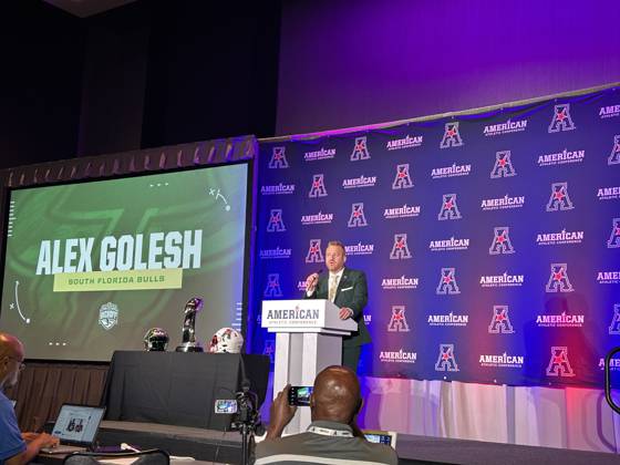 Florida, USA: USF football coach Alex Golesh speaks with reporters at ...