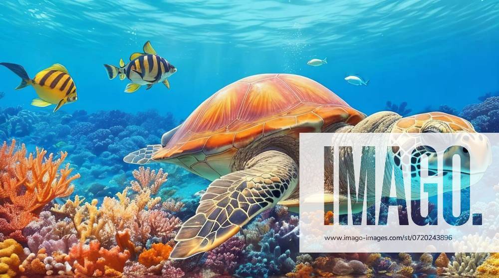 Underwater Marvel: Turtle with Colorful Fish, Sea Animals, and Vibrant ...