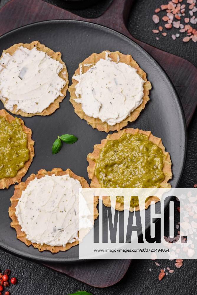 Round snacks with crispy chips or crackers with cream cheese and, Round ...