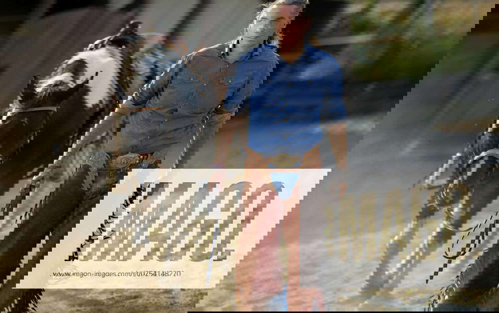 Cowboy in a denim shirt and chaps leads a horse by the reins on a dusty ...