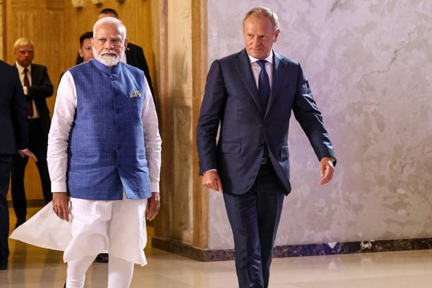 Nerendra Modi in Warsaw, Poland - 22 Aug 2024 Prime Minister of Poland, Donald Tusk gives a