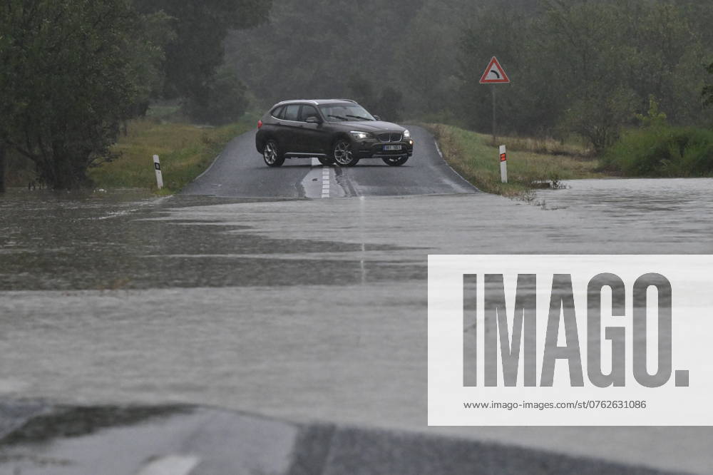 Flooded Velicka River during heavy rains in village Tasov, Czech Republic, on September